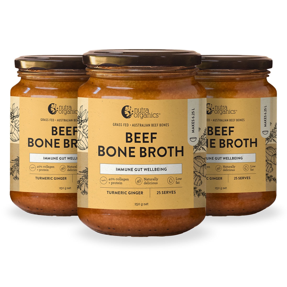 Nutra Organics Beef Bone Broth Concentrate - Turmeric Ginger 250g 3 ...