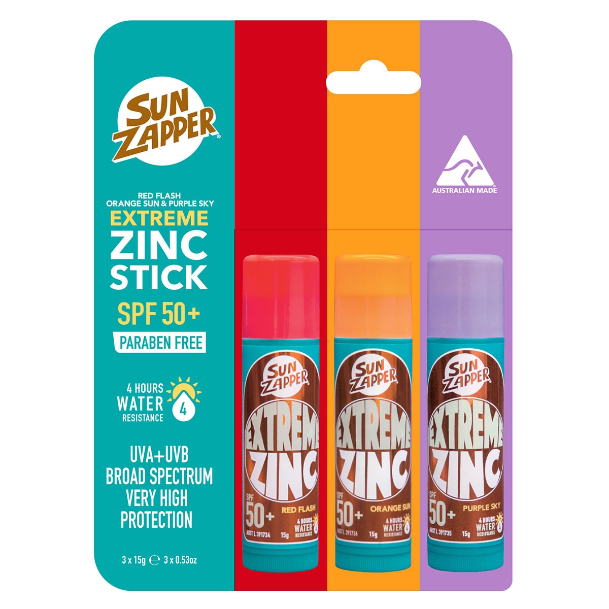 Sun Zapper Extreme Zinc Stick Red Orange & Purple SPF50+ 3 Pack - 45g ...