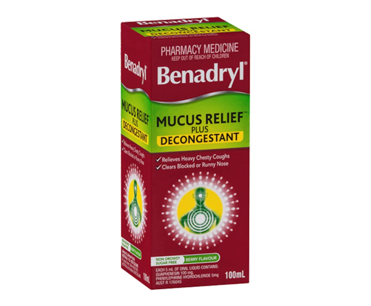 BENADRYL MUCUS RELIEF PLUS DECONGESTANT COUGH SYRUP 100ML | Healthylife