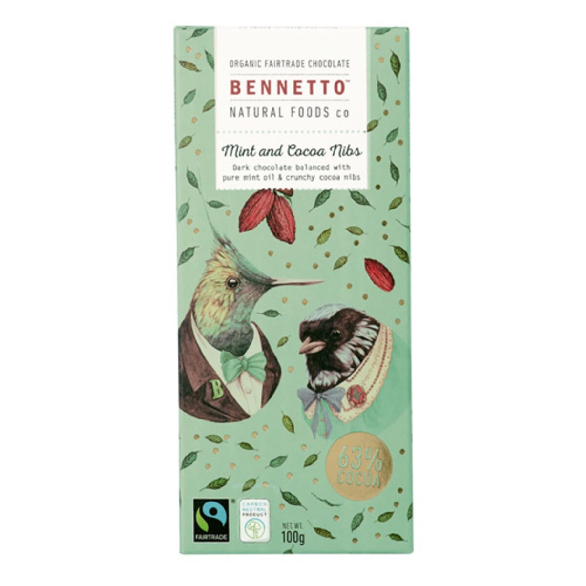 Bennetto Organic Dark Chocolate Mint & Cocoa Nibs 100g