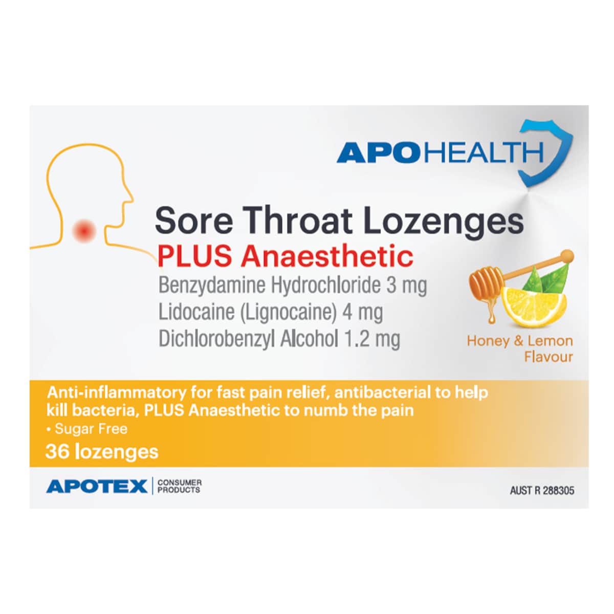 APOHEALTH Sore Throat Lozenges Plus Anaesthetic Honey & Lemon 36 Pack ...