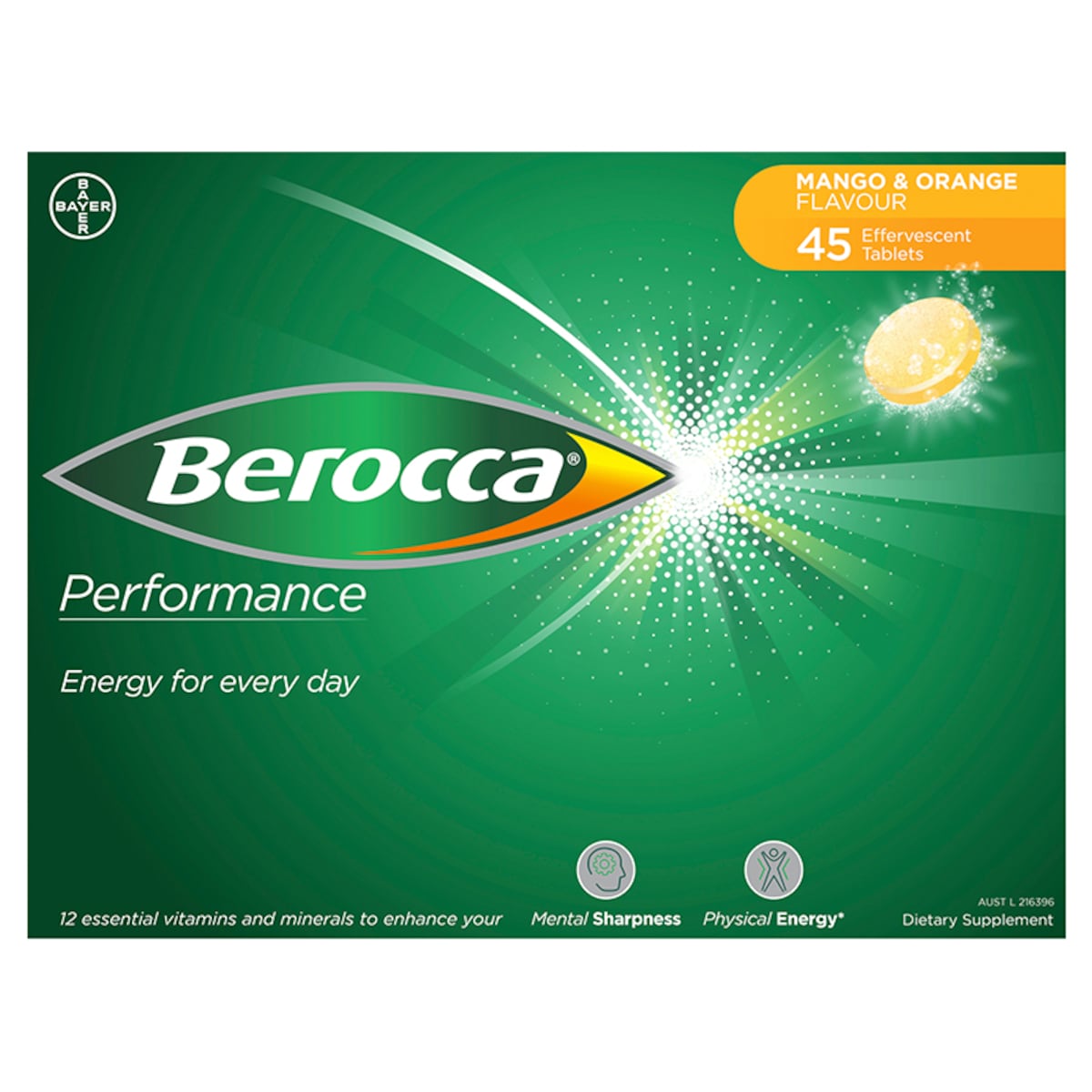 Berocca Performance Mango & Orange 45 Effervescent Tablets | Healthylife