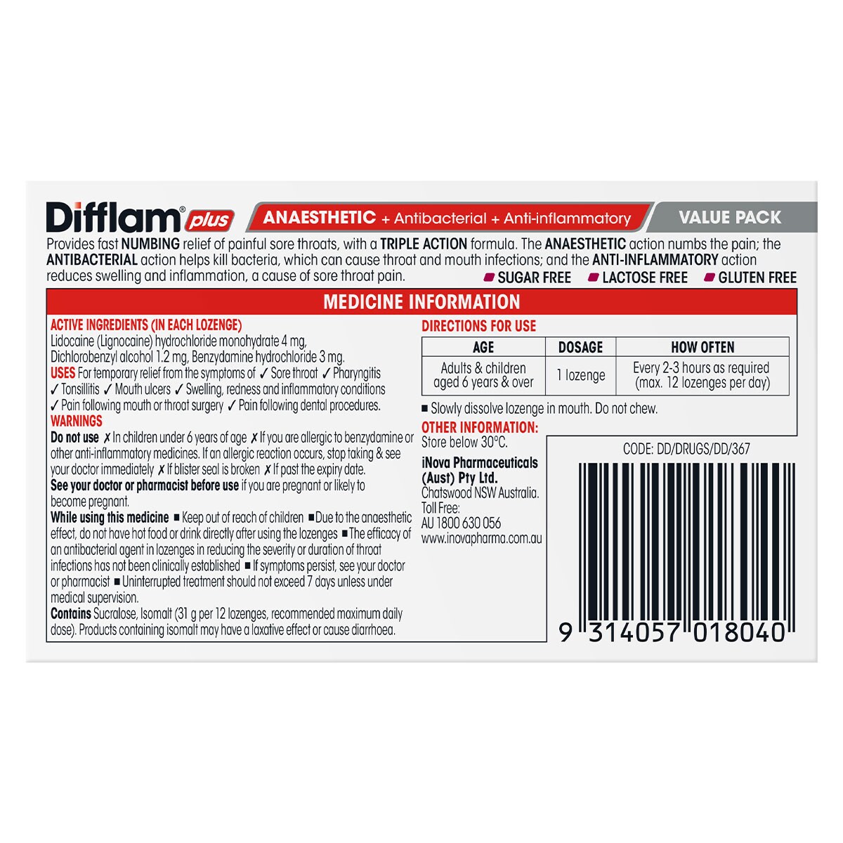 Difflam Plus Anaesthetic Sore Throat Lozenges Berry 32 Value Pack