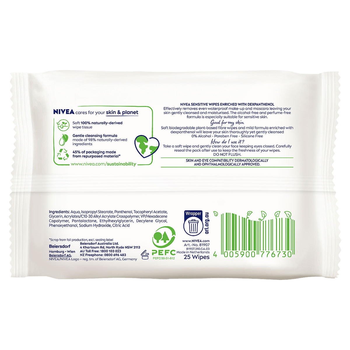 Nivea Sensitive Biodegradable Facial Cleansing Wipes 25 Pack