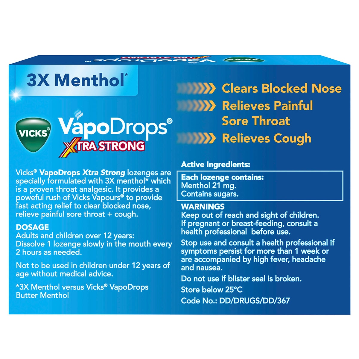 Vicks VapoDrops + Cough Xtra Strong Lemon Menthol Blast 16 Lozenges