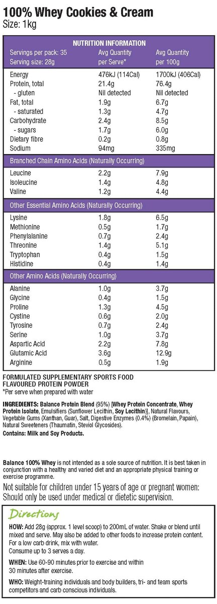 Balance 100% Whey Protein Powder Cookies & Cream 1kg
