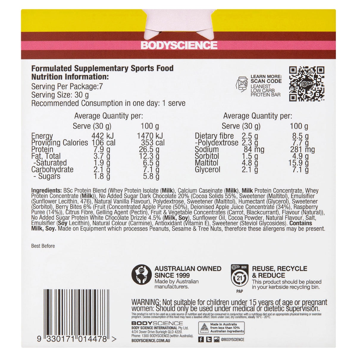 Bsc Body Science Leanest Low Carb Protein Bar Choc Berry Ripple 7 X 30G