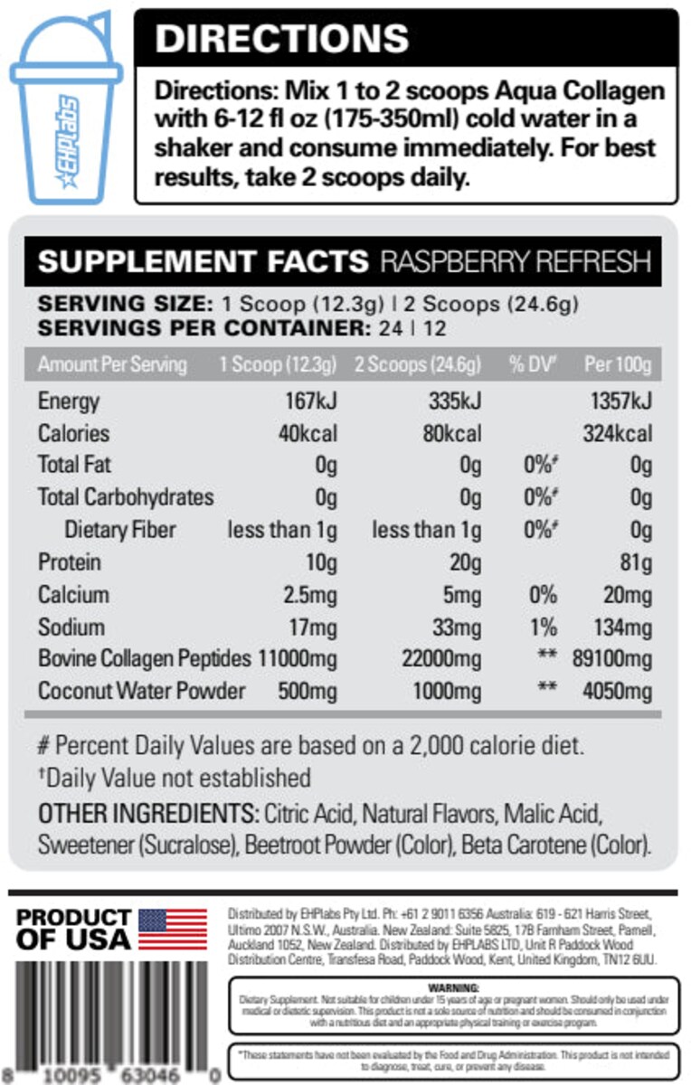 EHPLabs Aqua Collagen Protein + Hydration Raspberry Refresh 453g