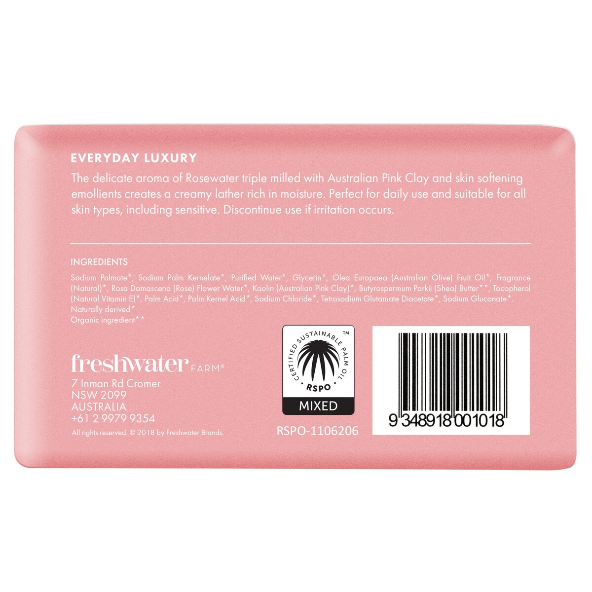 Freshwater Farm Rosewater Pink Clay Body Bar 200g