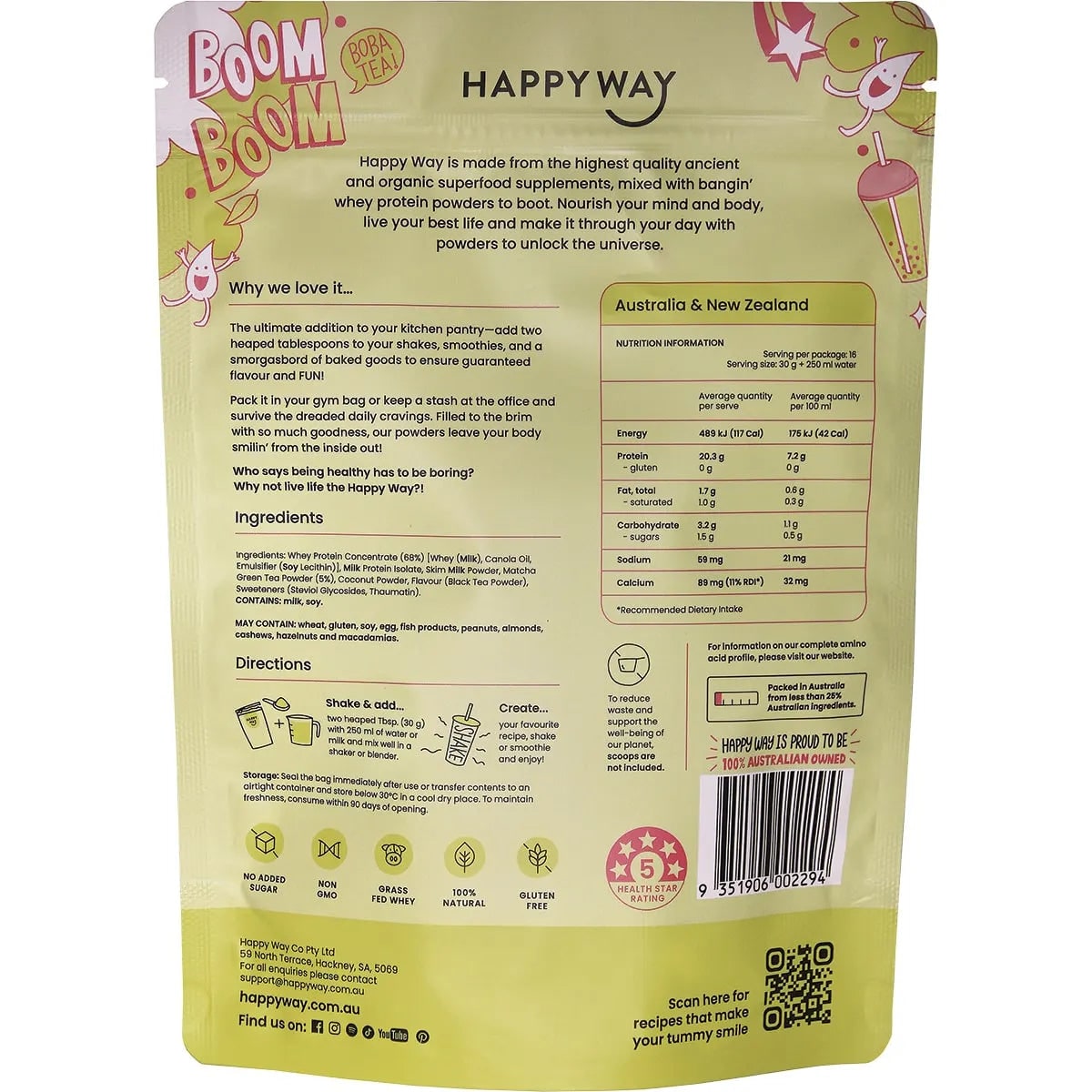 Happy Way Whey Protein Powder Matcha Milk Boba Tea 500g