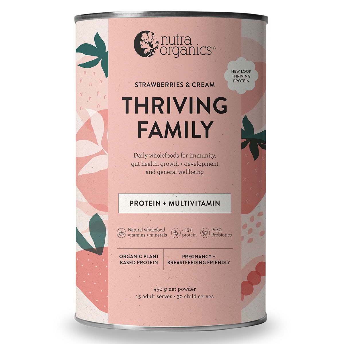 Nutra Organics Thriving Family Strawberries & Cream Protein 450g