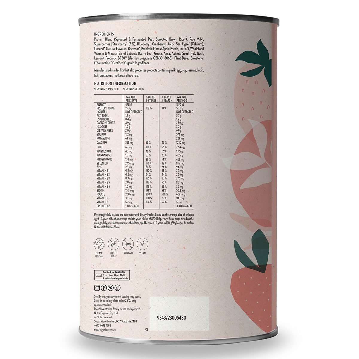 Nutra Organics Thriving Protein Strawberries & Cream 450g