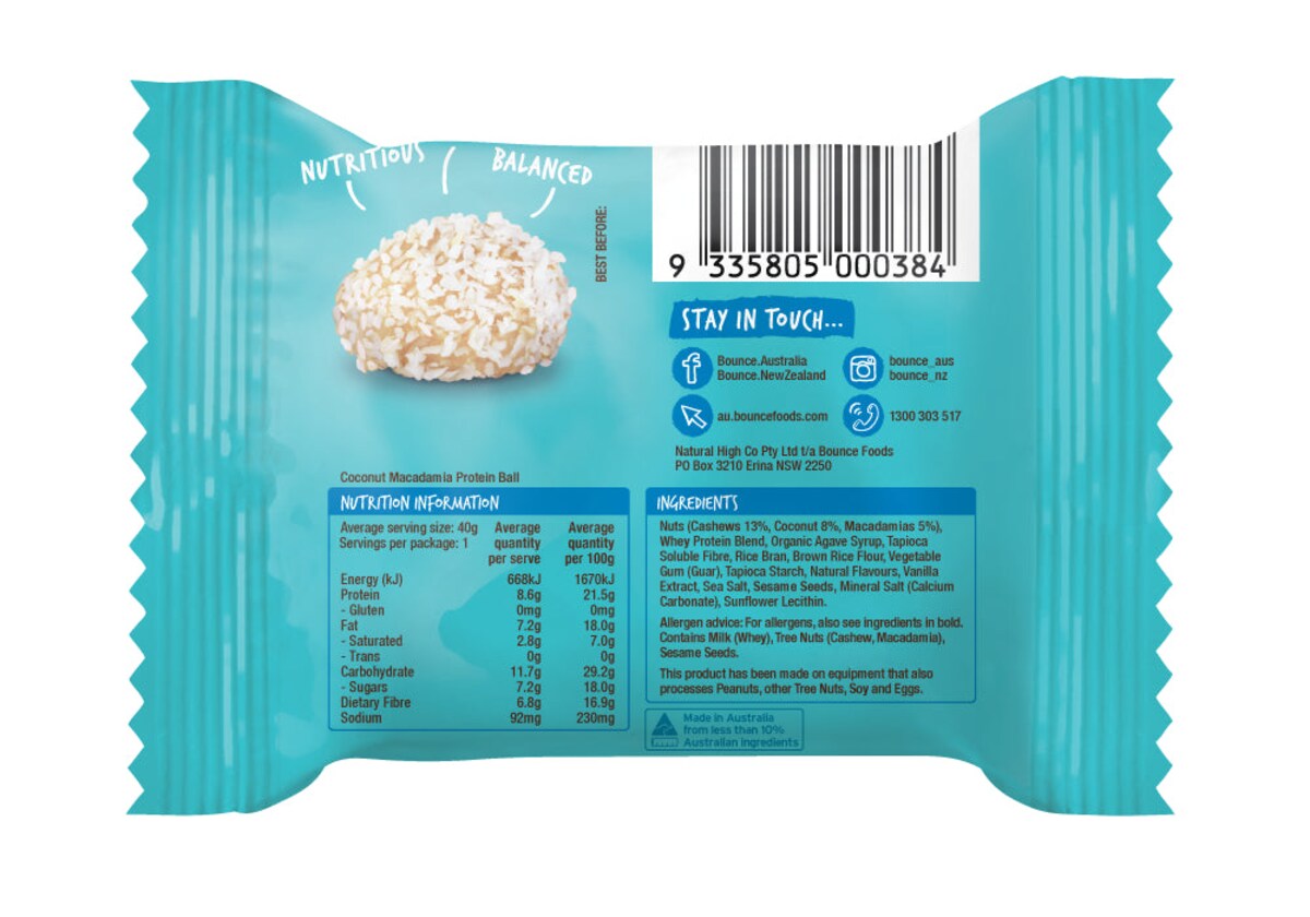 Bounce Protein Ball Coconut Macadamia 40G