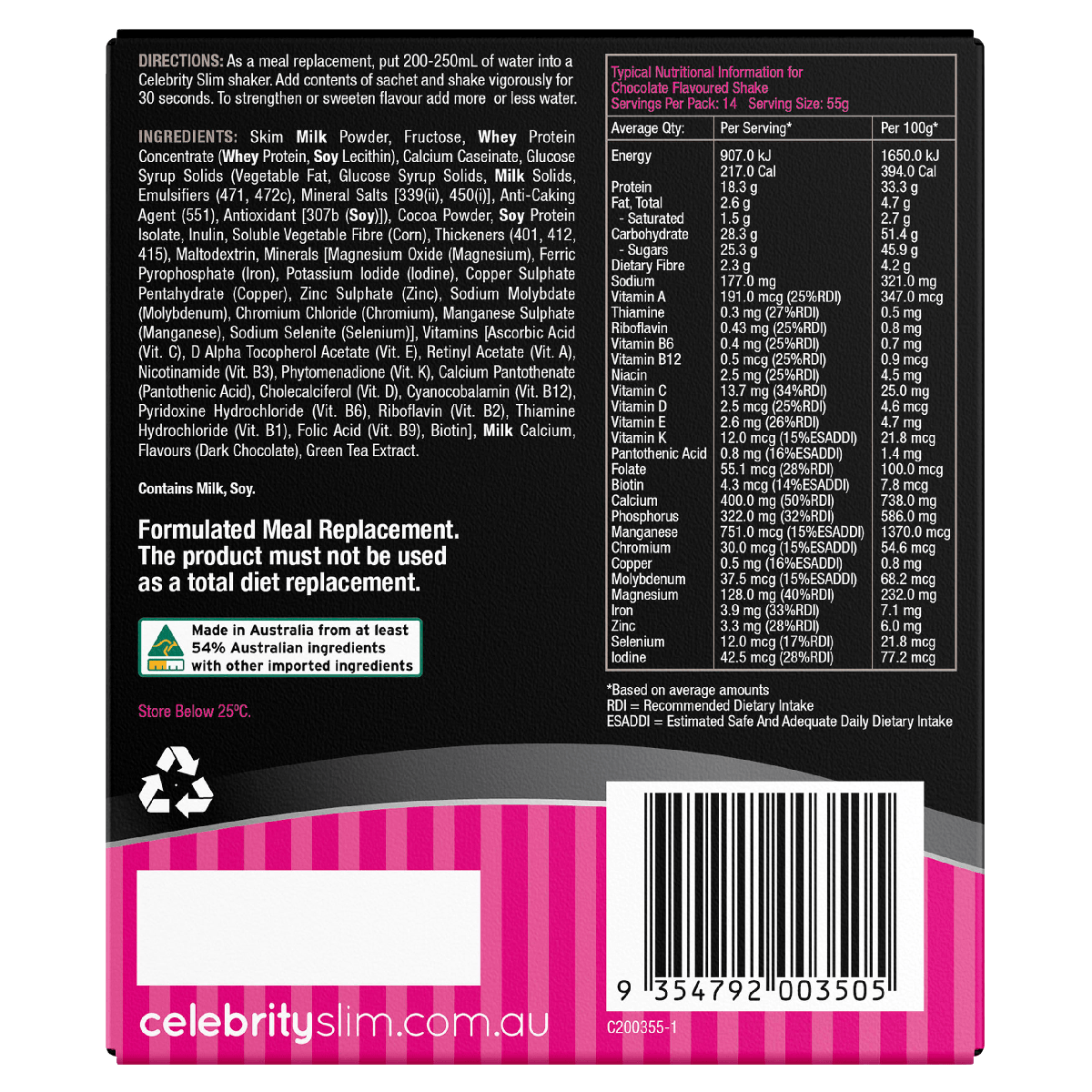 Celebrity Slim 7 Day Assorted Pack Meal Replacement Shakes 14 x 55g