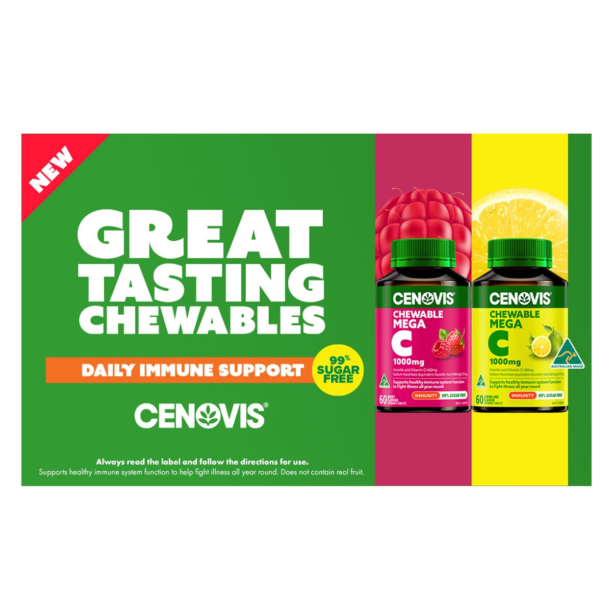 Cenovis Chewable Mega C 1000mg Lemon Lime 60 Tablets