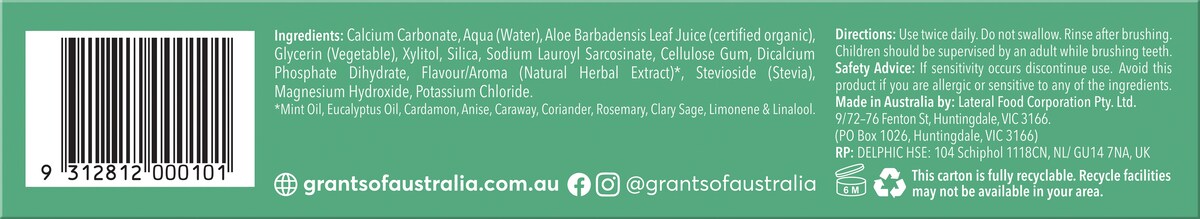 Grants Natural Toothpaste Mild Mint Fluoride Free 110g