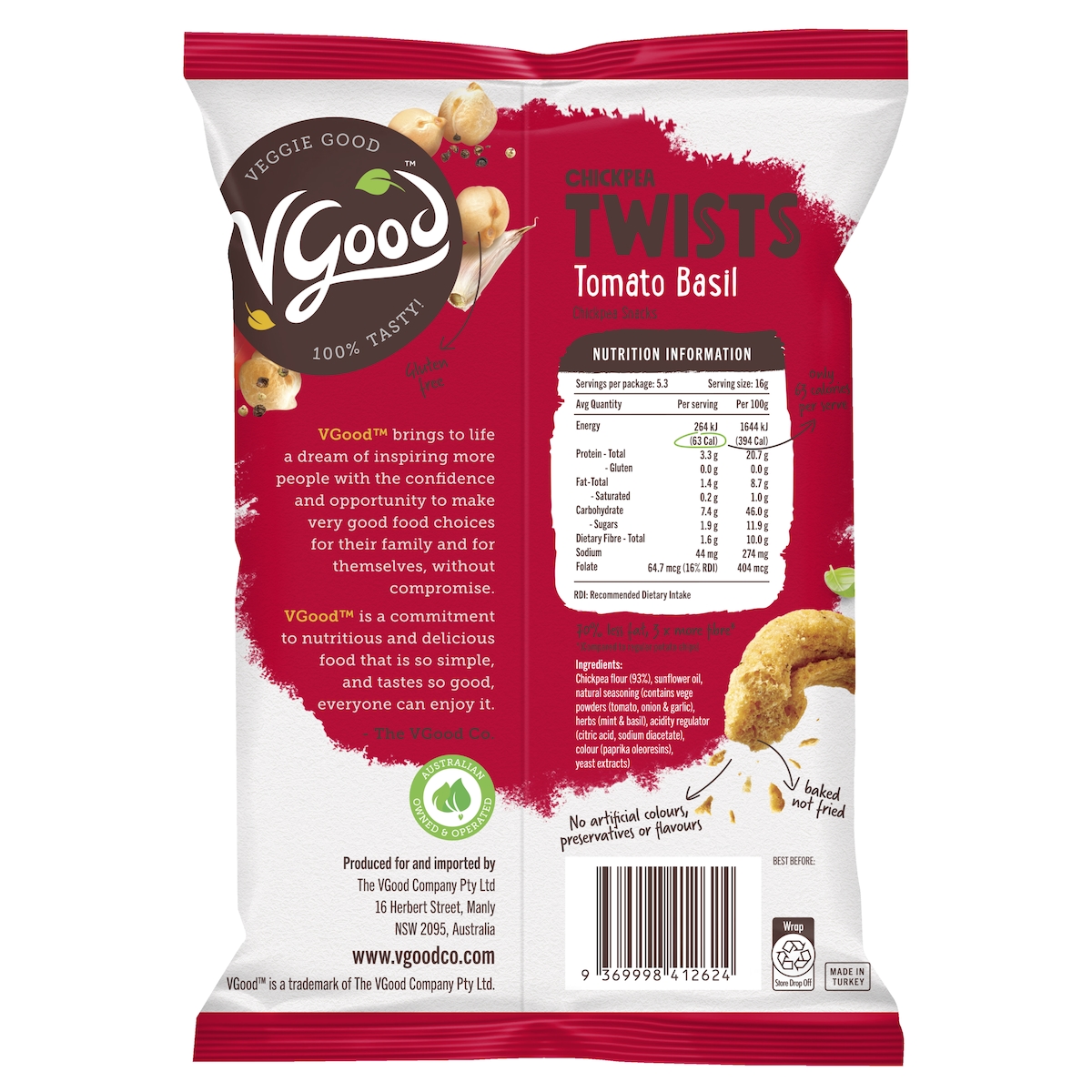 VGood Chickpea Twists Tomato & Basil 85g
