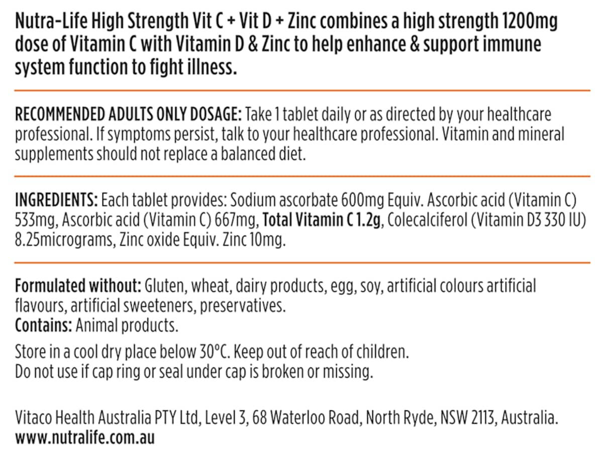 Nutra-Life High Strength Vitamin C & D + Zinc 60 Tablets