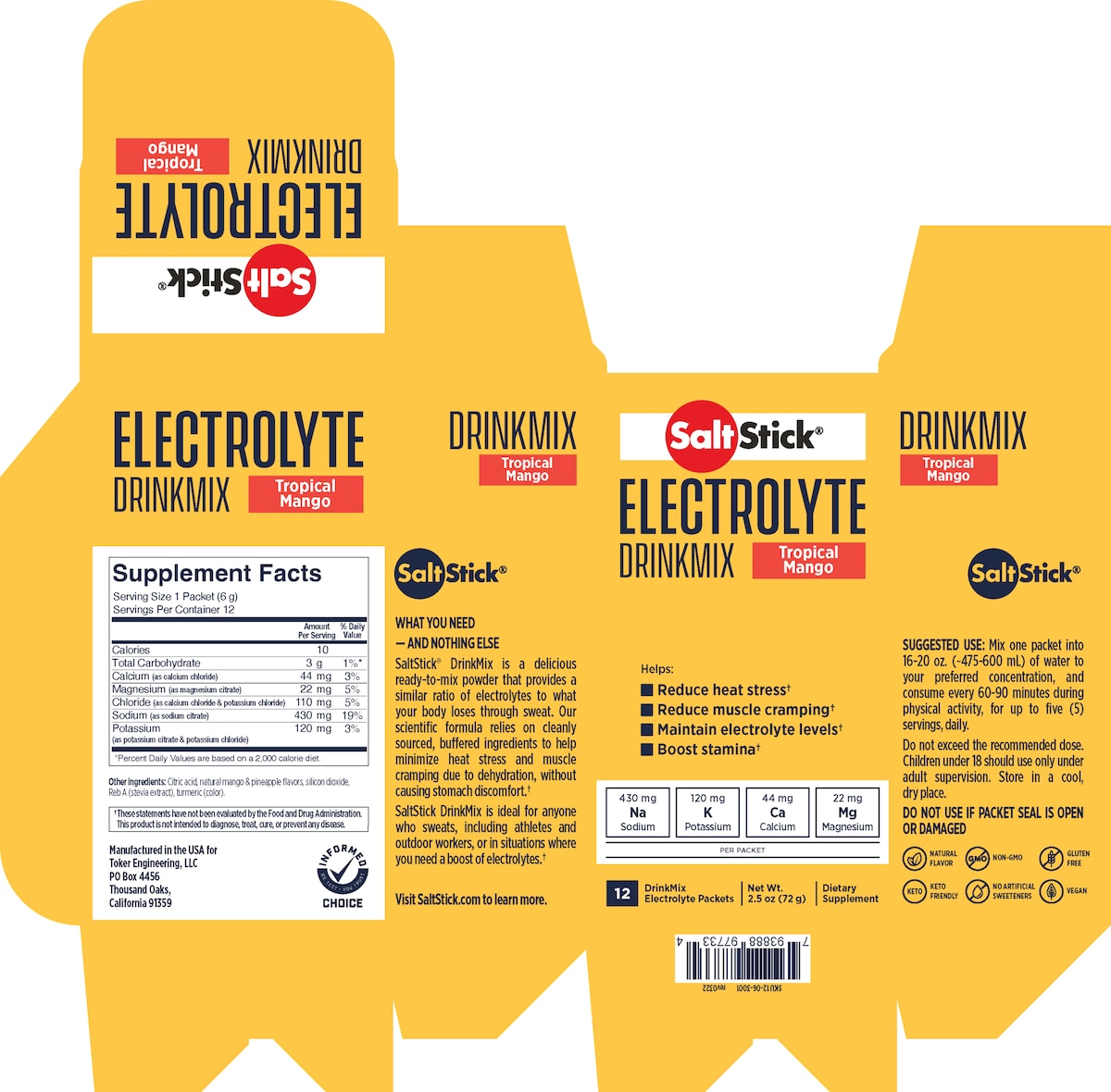 SaltStick Electrolyte Drink Mix Tropical Mango 12 Sachets