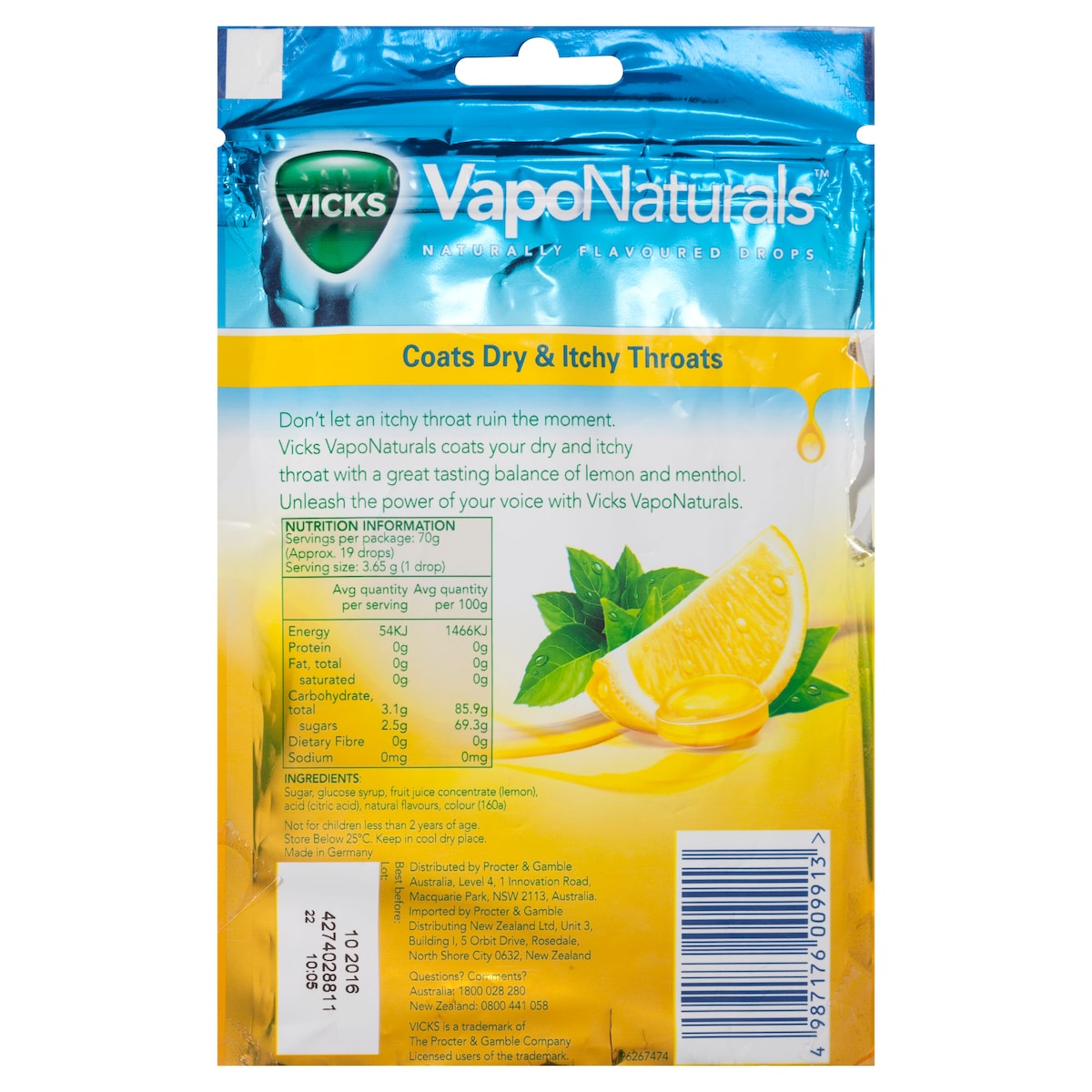 Vicks VapoNaturals Lemon Menthol Flavoured Lozenges 19 Pack