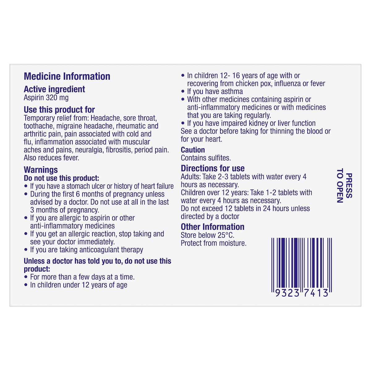 Aspro Aspirin 320mg Pain Relief 20 Tablets