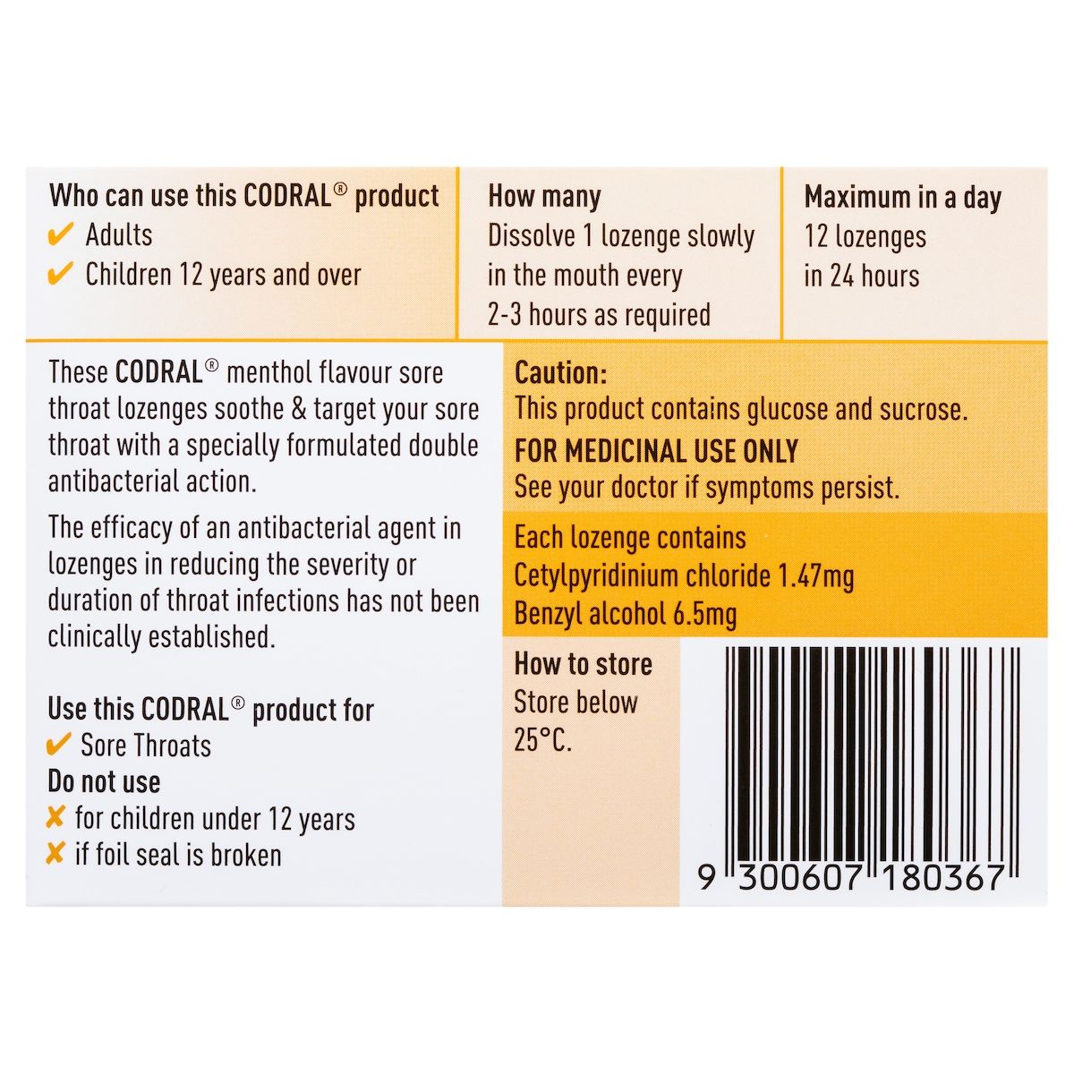 Codral Sore Throat Lozenges Antibacterial Menthol 16 Pack