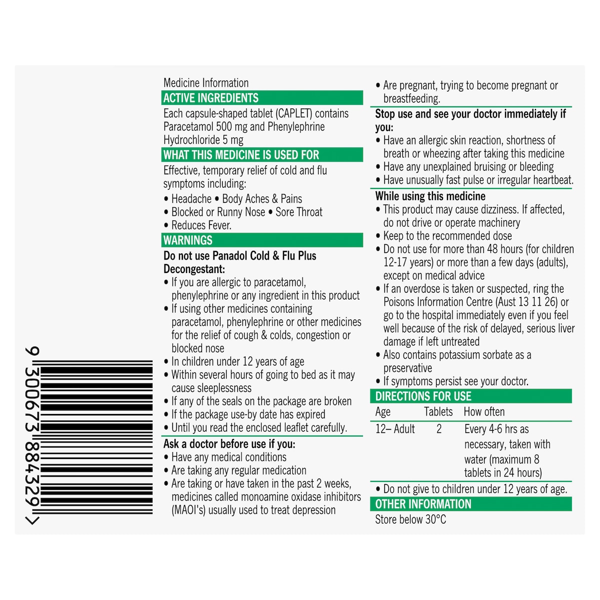 Panadol Paracetamol Cold & Flu Plus Decongestant 20 Pack